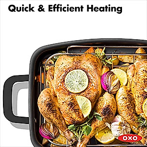 OXO Obsidian Pre-Seasoned Carbon Steel, 15" x 10.5" Roasting Pan with Stainless Steel Roaster Rack, Induction, Black