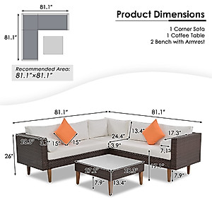 4-Pieces Outdoor PE Wicker Sofa Set with Coffee Table, L-Shape Patio Sofa Set with Colorful Pillows and Solid Wood Legs, All Weather Rattan Waterproof Conversation Seat (Brown+Beige)