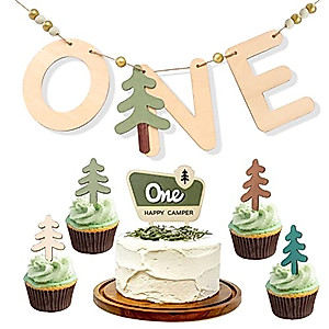 One Happy Camper Wood Banner/Cupcake Topper Set - Camping Cake Topper, Woodland Birthday Party Decoration, One Happy Camper Birthday Banner, First High Chair Wood Safari Jungle Garland For Baby Shower Boy/Girl(Wooden One Happy Camper 1st Birthday Toppers/