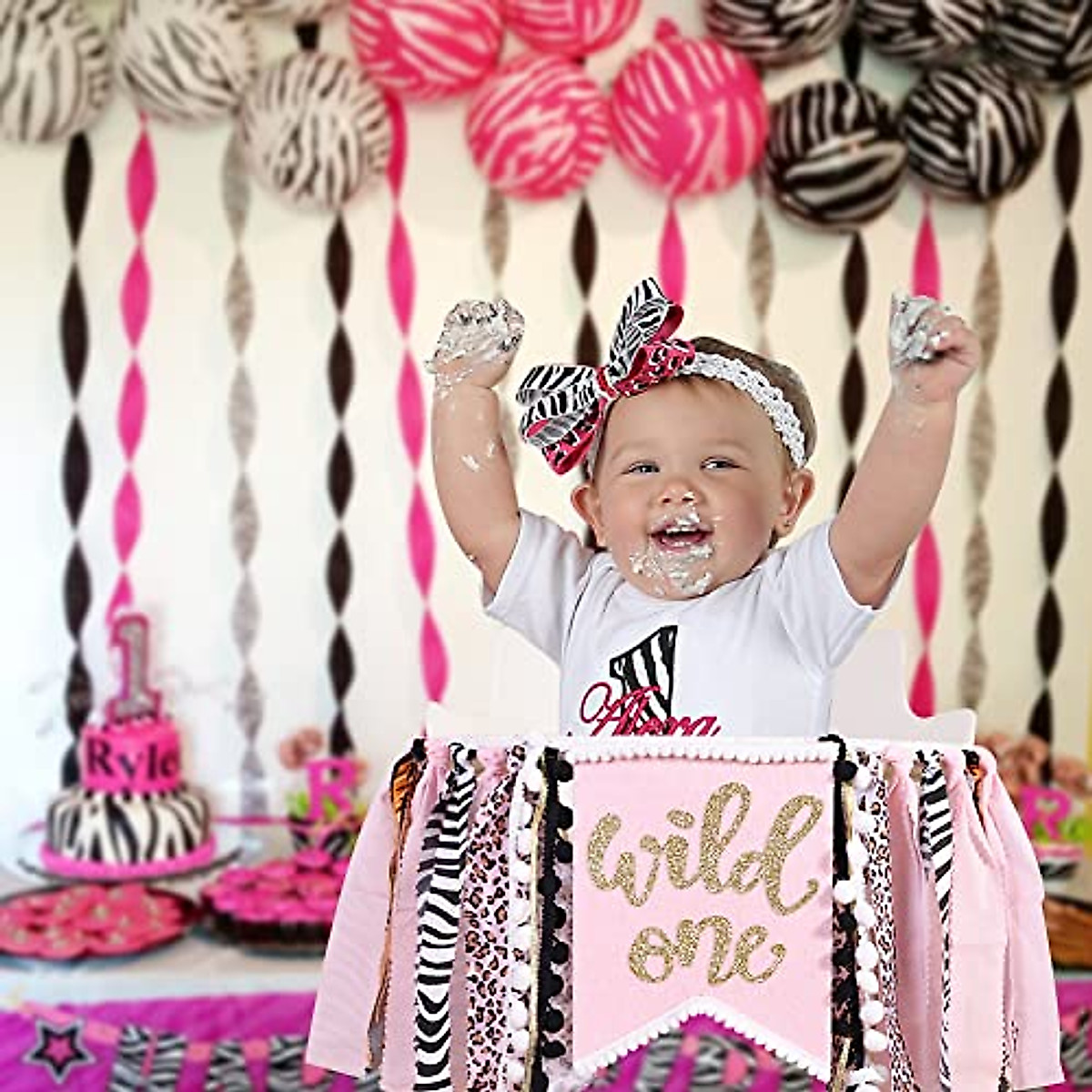 Girls Wild One High Chair Banner - Pink Jungle Birthday Banner - Girls Animal Print 1st Birthday Banner - Shes A Wild One Birthday Decorations Girl - Best Wild One Birthday Party Supplies