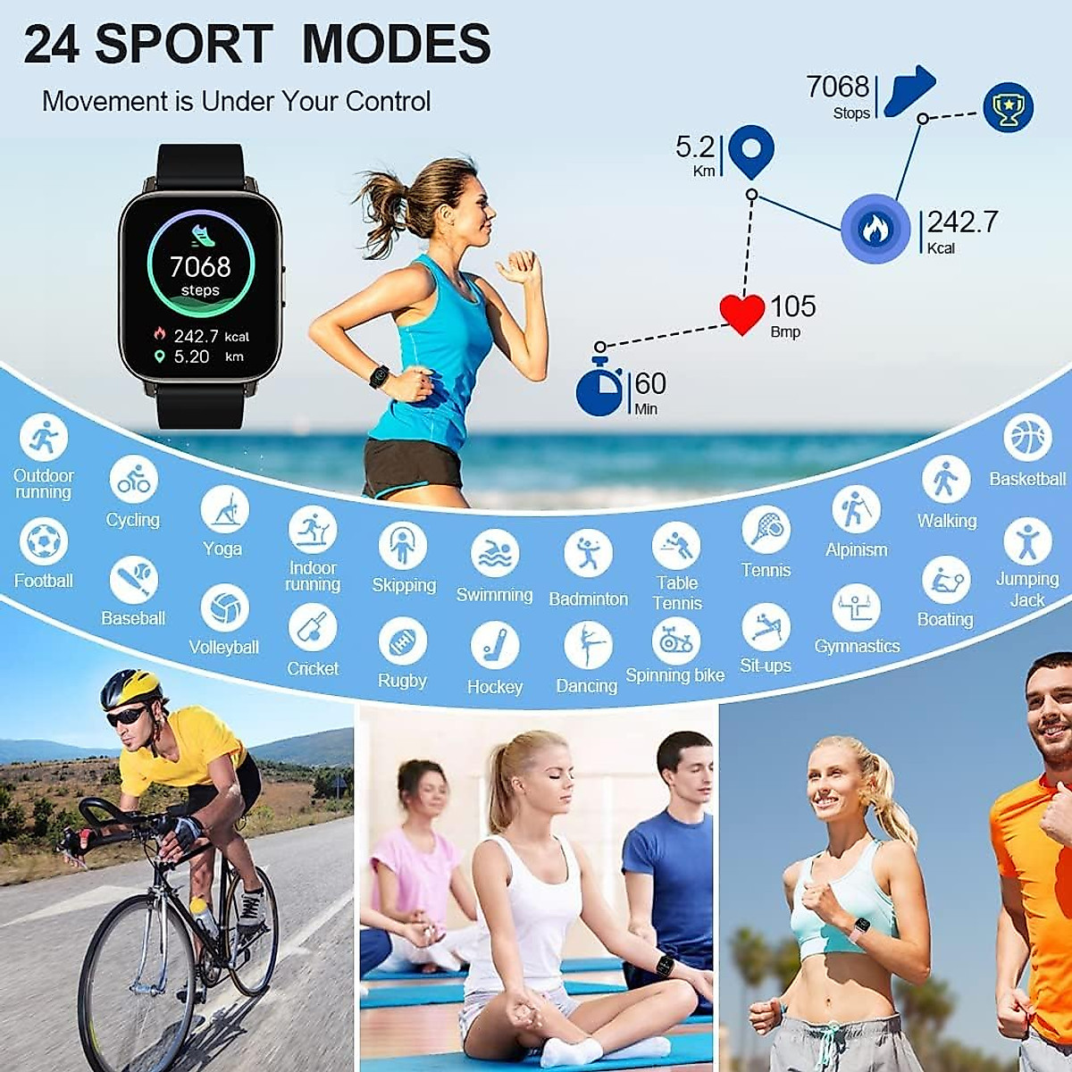 Smart Watch, IP68 Waterproof Activity Fitness Tracker Watch with Heart Rate Blood Pressure Sleep Monitor Pedometer Step Counter Mens Smartwatch for Android iOS Phones 2024 Smart Watches for Men Women