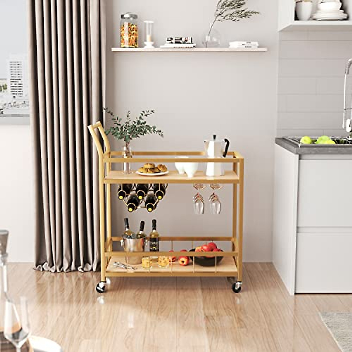 Furmax Home Industrial Serving Mobile Bar Cart on Wheels with Wine Rack and Glass Holder 2 Wood Storage Shelves for Living Room, Kitchen, Party (Gold)