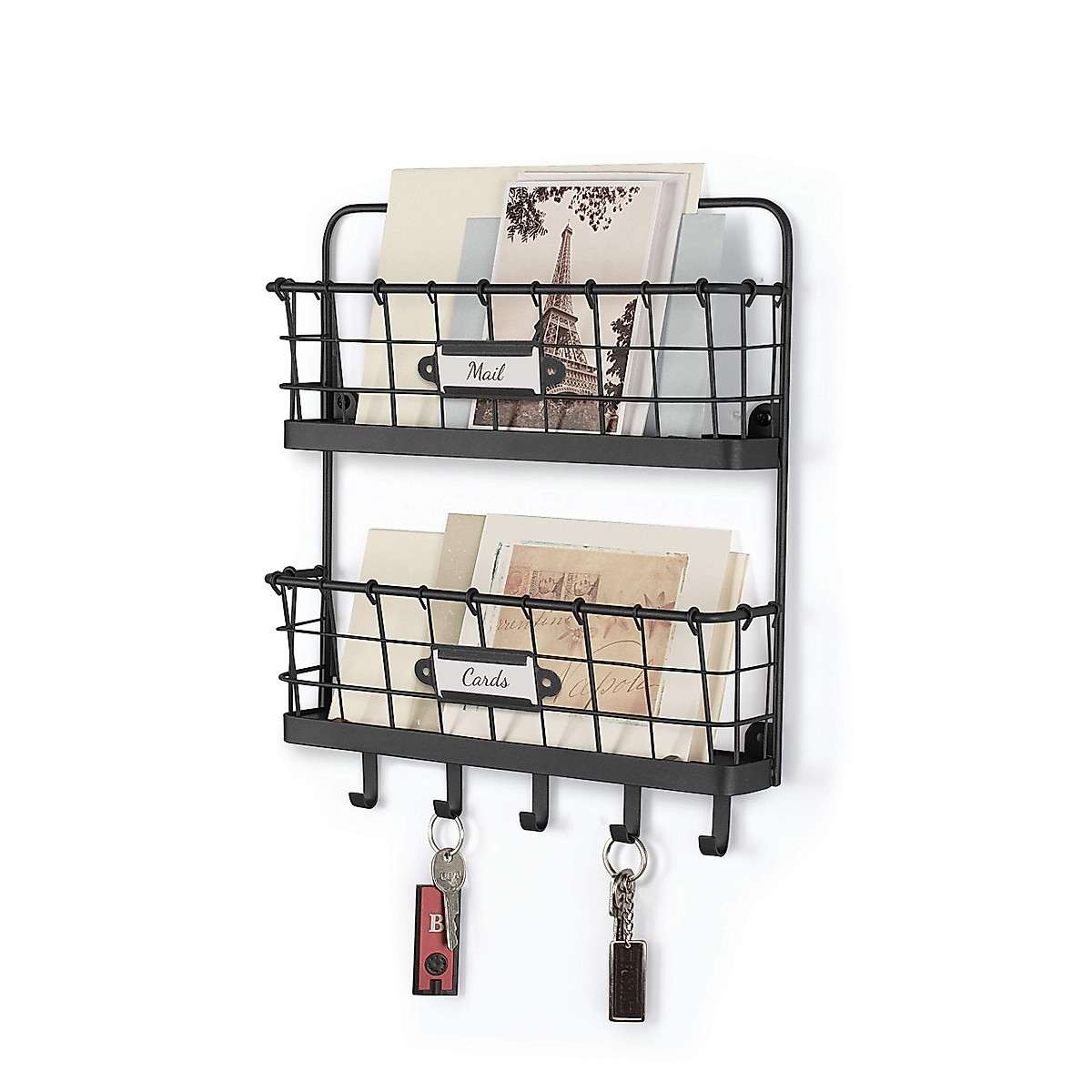 Spectrum Diversified Vintage Wall Mount Office or Entryway 2-Tier Letter Holder Organizer & Key Rack, One, Black (A14610)