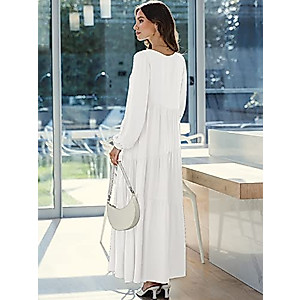 ANRABESS Women’s Boho Casual Loose Puff Long Sleeve Crewneck Asymmetric Tiered Beach Maxi Long Dress 596bai-S White