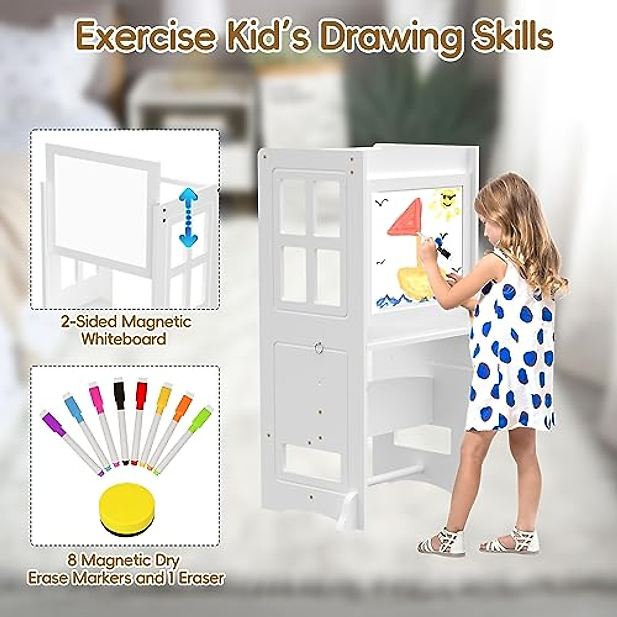 4 in 1 Toddler Kitchen Step Stool, Kitchen Toddler Tower Helper with Whiteboard and Safety Rail, Anti-Slip Protection, Adjustable-Height Kids Learning Standing Tower for Kitchen Counter Bathroom Sink