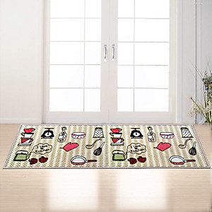 FAMIFIRST Kitchen Rug 2 Piece Printed Nylon Kitchen Mat Latex Backing Machine Washable, 16''x47''+16''x23'', Dinnerware