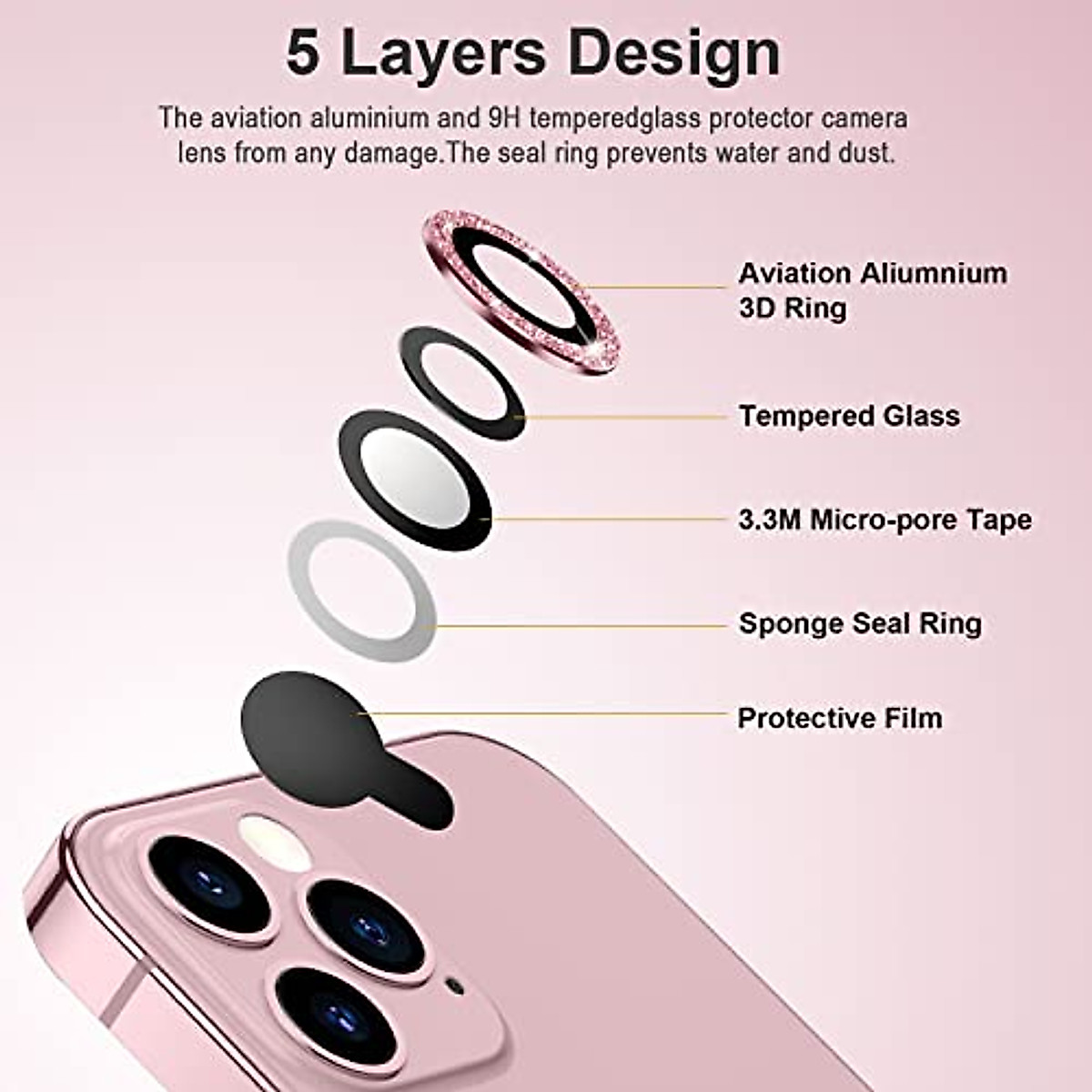 LOVE 3000 Compatible with iPhone 13 Pro/iPhone 13 Pro Max Camera Lens Protector Bling Glitter Diamond HD Tempered Glass Cute Camera Cover Protective Metal Individual Ring for Women Girls - Pink Glitter