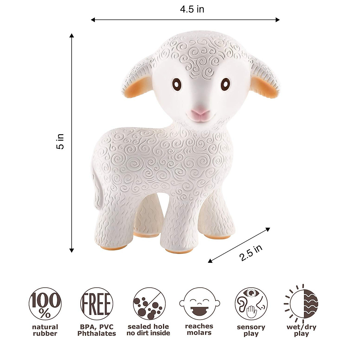 CaaOcho Pure Natural Rubber Teething Baby Toy - Mia The Lamb Teether for Babies, BPA Free Baby Toy, All Natural Teething Toys for Babies 0-6, Safe and Fun Molar Teether Toy