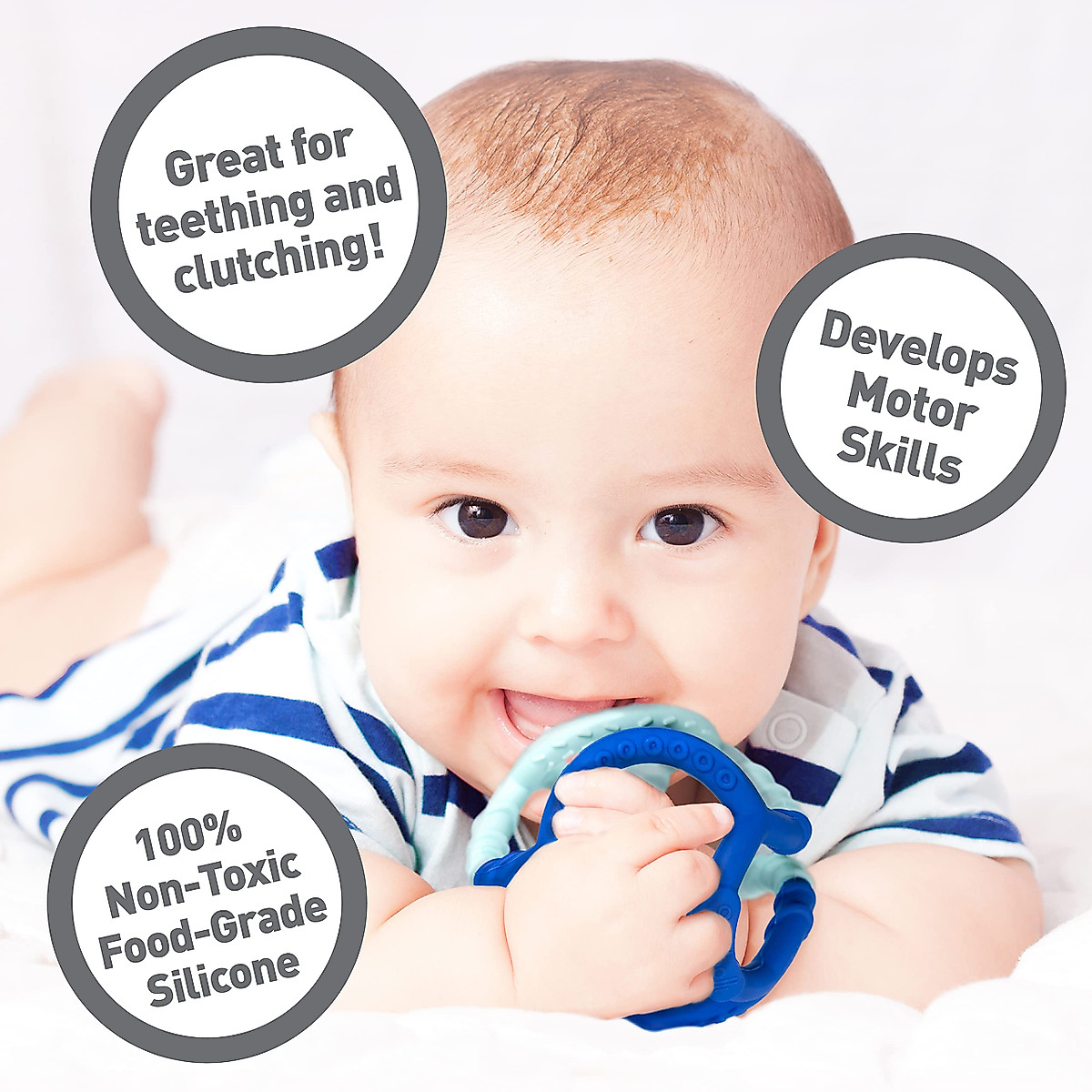 OgoBolli Gummi Teething Ring Textured Sensory Ball Toy for Babies & Toddlers - Stretchy, Soft Non-Toxic Silicone - Age 6+ Months - Blue Blueberry