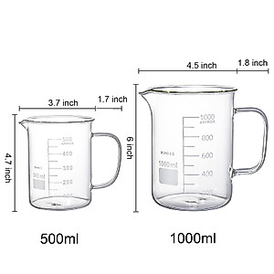Yarlung Set of 2 Glass Beaker with Handle, Graduated Measuring Beakers Thick Boro 3.3, Griffin Low Form 500/1000ml