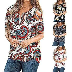 wodceeke Women's Short-Sleeve Off-Shoulder T-Shirt Floral Plus Size Zipper Round Neck Tee Summer Casual Tops (Pink, XL)