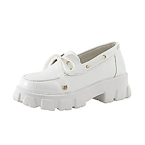 Ladies Fashion Solid Color Leather Bow Casual Single Shoes Round Toe Thick Soled Small Leather Shoes Women Shoes Wide Width Casual White