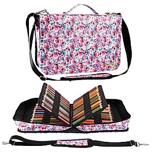 Shulaner Colored Pencil Case Slot Holds 270 to 290 Pencils or 180 to 190 Color Gel Pens with Zipper Large Capacity PU Leather Pen Organizer Bag with Shoulder Strap for artists (Pink Floret)