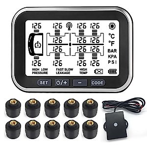 Taimster TPMS for RV/Buses/Caravan/Motorhome/Trailer/Travel/Trucks, Wireless Solar Tire Pressure Monitoring System with DIY Easy Installation Cap Sensors Pressure Range 0~188 PSI (0~13 BAR)10 sensors