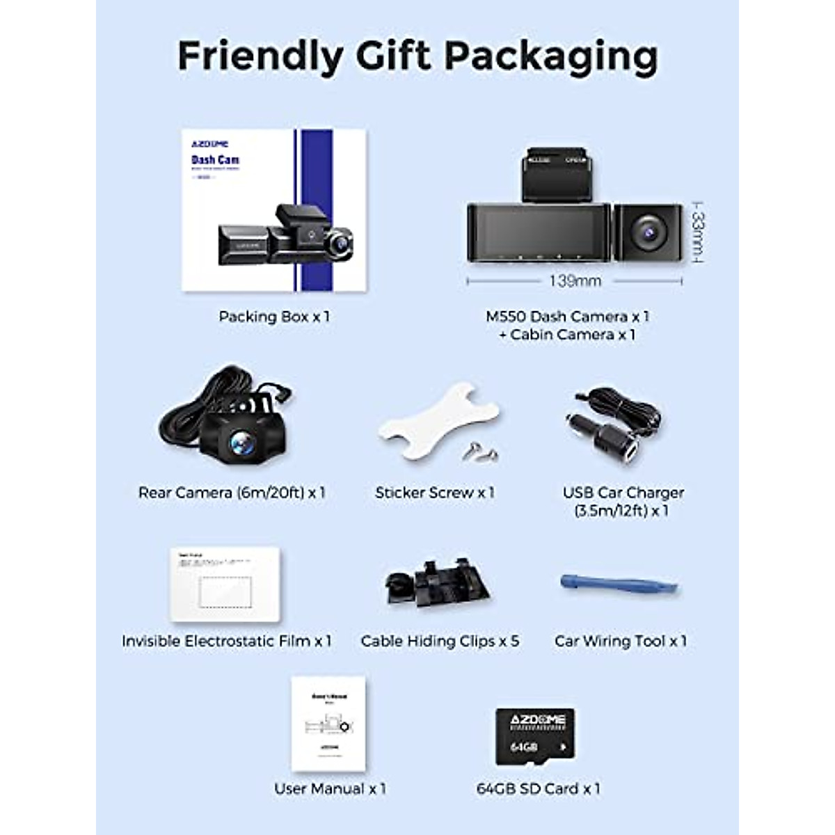 AZDOME M550 Dash Cam 3 Channel, Built in WiFi GPS, With 64GB Card, Front Inside Rear 1440P+1080P+1080P Car Dashboard Camera Recorder, 4K+1080P Dual, 3.19" IPS, IR Night Vision, Capacitor, Parking Mode