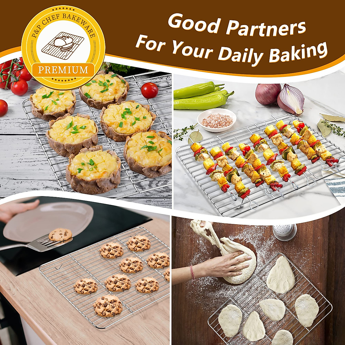 P&P CHEF 12.5 Inch Toaster Oven Pan and Rack Set，4 Pieces Stainless Steel Baking Pan Oven Trays with Cooling Rack, Non Toxic & Dishwasher Safe，2 Pans + 2 Racks