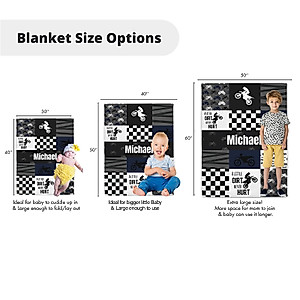 Personalized Motocross Minky Baby Blankets with Name, Customized Dirt Bike Patchwork Design Blankets for Boys Kids - Registry Gifts - Soft Plush Infant Toddler Baby Newborn Blanket