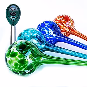 Cotswold Homeware Co Plant Watering Globes - Plant Watering Devices - Plant Watering Bulbs - Self Watering Spikes -Decorative Hand Blown Glass - Watering Bulbs - Free Moisture Meter 4 Large Size