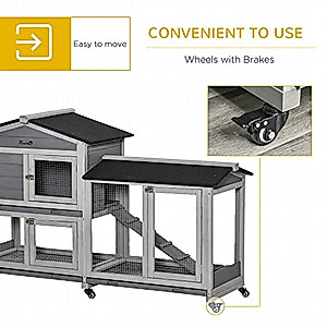 PawHut 62" Wooden Rabbit Hutch, Bunny Cage, Pet Playpen House with Wheels, Run Box, No Leak Tray, and Ramp for Small Animals, Indoor/Outdoor Use, Light Grey
