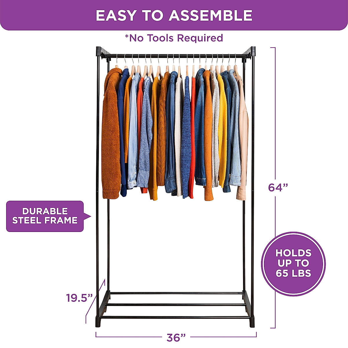 HOLDN’ STORAGE Portable Wardrobe Closet - Premium Metal Hanging Rod with Beige Cover- 65 Lb. Weight Capacity- Super Easy Assembly, No Tools Required (Dark Gray)