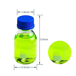 SWONES Graduated Round Reagent Media - Round Media Storage Bottle - Storage Glass Bottles, with GL45 Screw Cap,Borosilicate 3.3 Glass (250ml, 4pcs)