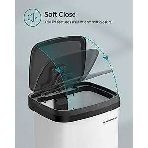SONGMICS Kitchen Trash Can, 13 Gallon (50 L) Stainless Steel Garbage Can, with Stay-Open Lid and Step-on Pedal, Soft Closure, Tall, Large and Space-Saving, White and Black ULTB530W50