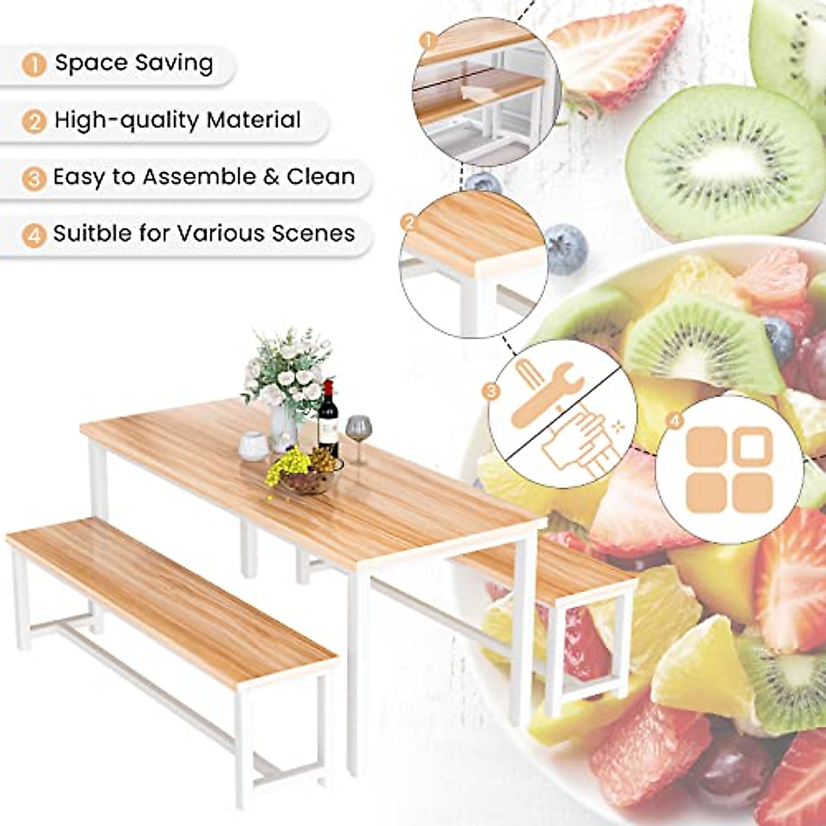 Recaceik Dining Room Table Set with 2 Benches, Kitchen Dining Table Set for 2-4 Person, Space Saving Kitchen Table and Chair Set with Metal Frame for Dining Room, Small Space, Breakfast Nook(Walnut)