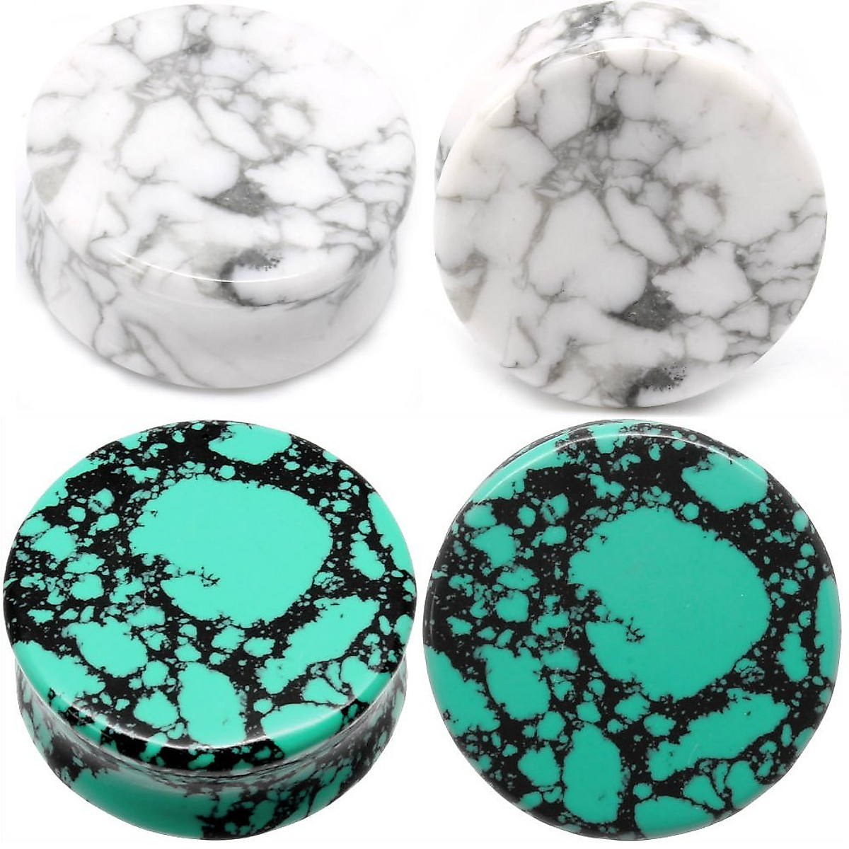 2 Pair Combo Aqua Green/Teal Howlite & White Howlite Organic Stone Ear Plugs Gauges (16MM-5/8 INCH)