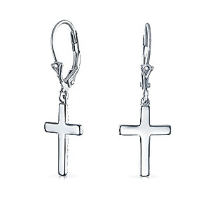 Minimalist Simple Small Religious Dangle Cross Earrings For Women Teen Secure Lever Back .925 Sterling Silver