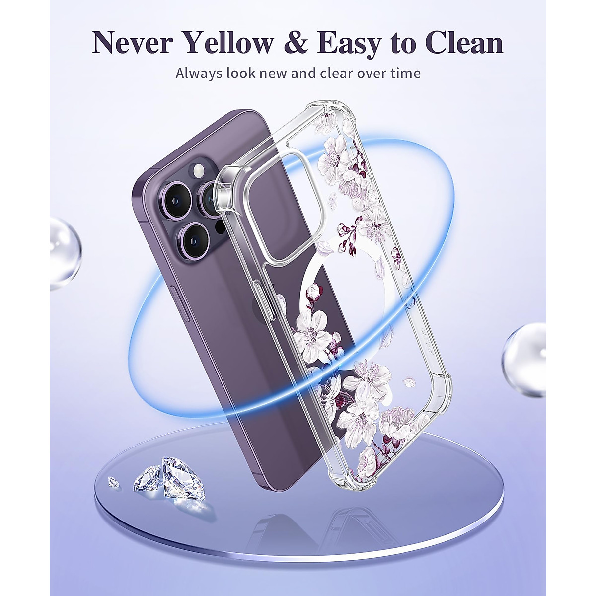 GVIEWIN for iPhone 14 Pro Max Case Compatible with MagSafe, [Screen Protector + Camera Lens Protector][MIL-Grade Protection] Magnetic Floral Clear Shockproof Women for 14 Pro Max Phone Case(Foliolosa)