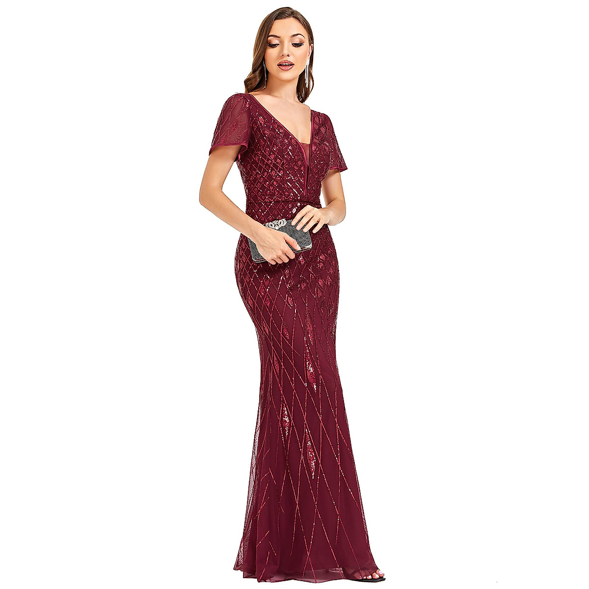 Ever-Pretty Women's Deep V-Neck Short Sleeves Open Back Fishtail Sparkle Formal Dresses Burgundy US6