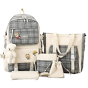 SAMAHBOE Kawaii Backpack set 5 Pcs School Backpack Cute Aesthetic Backpack Set Aesthetic School Bags Cute Bookbag with Badge& Plush Pendan,Shoulder Bag,Pencil Box,Tote Bag,Small Bag
