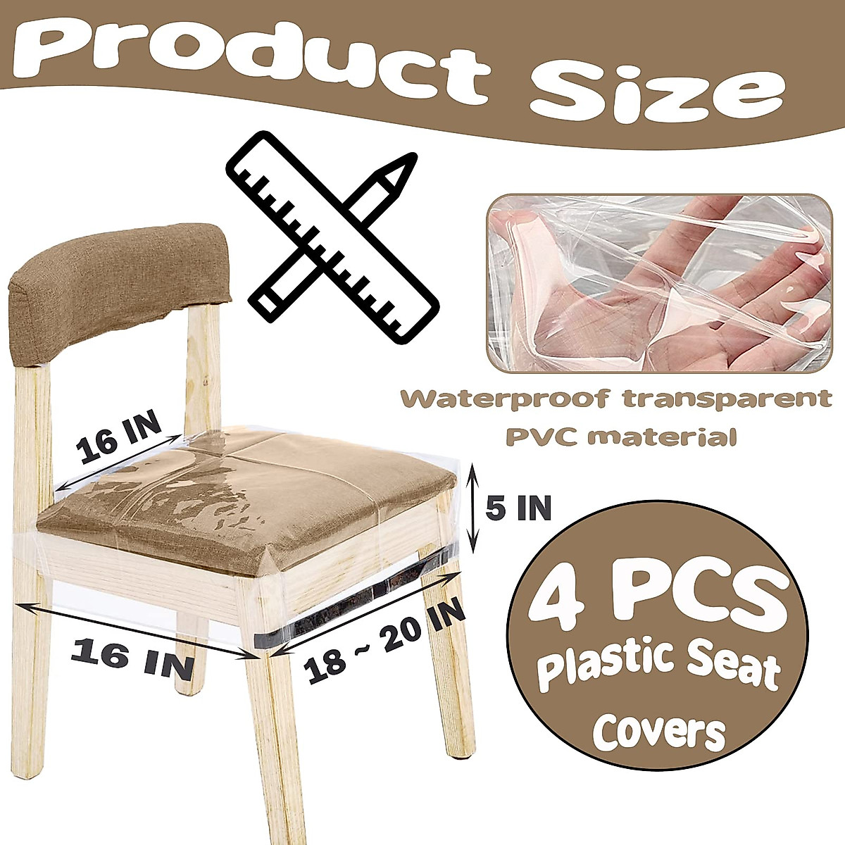 4 Pack Plastic Seat Covers, Plastic Chair Covers for Dining Room Chairs, Stain, Water and Kitty Scratch Resistant Clear Pvc Chair Protector with Adjustable Strap for Most 18" - 20" Standard Chair