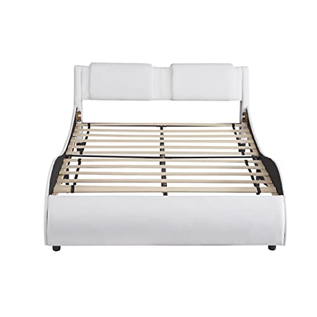 Modern Full Size Upholstered Platform Bed with LED Light Headboard, Metal Faux Leather Upholstered Platform Bed Frame with Wooden Slatted, Wave-Like Bed for Kids Teens Adult Bedroom (White-Full)