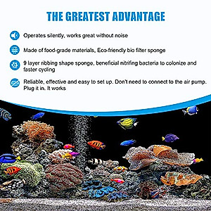 AQQA Aquarium Sponge Water Filter, Power Driven Double Biochemical Filter, Quiet Submersible Foam Filter with 2 Extra Sponges, 1 Bag of Filtered Ceramic Balls for Fresh and Salt Water Fish Tank (L)