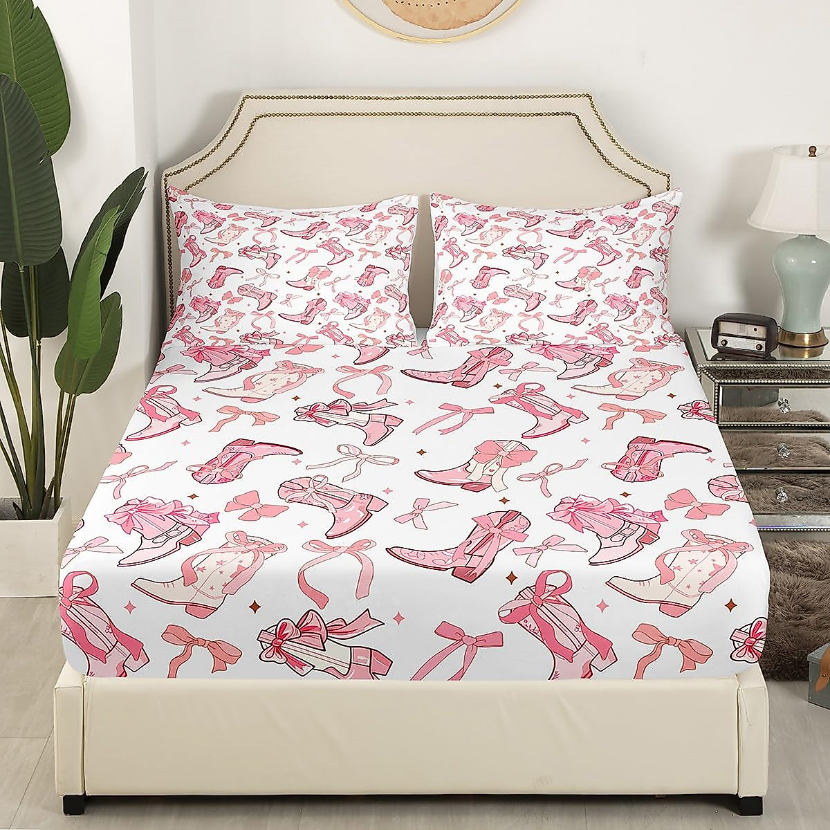 Cowgirl Fitted Sheet Twin Size,Western Cowboy Boots Pink Bowknots Bed Sheet with 1 Pillowcase,Dreamy Fairy Tale Princess Starry Pink White Soft Decorative Fabric Bedding,Room Gift
