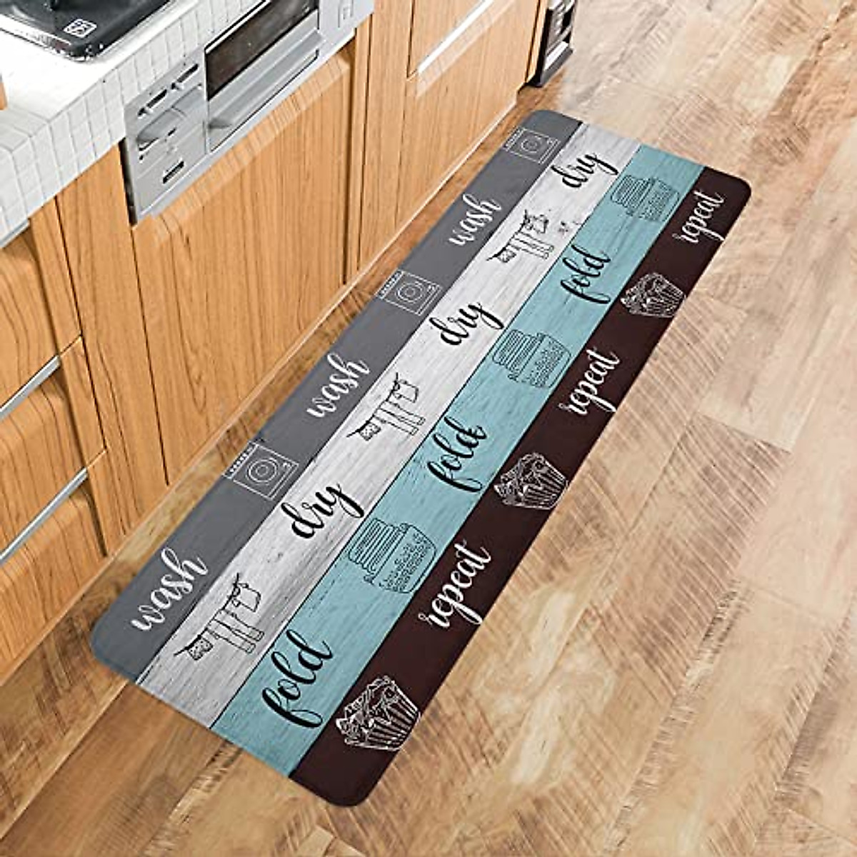 Laundry Room 1 PC Cushioned Anti-Fatigue Kitchen Mats and Rugs,Bathroom Dry Wash Fold Repeat Grey Blue White Brown Farmhouse Wood Bath Mat Area Rug Accent Runner Floor Indoor Doormat Standing Mat
