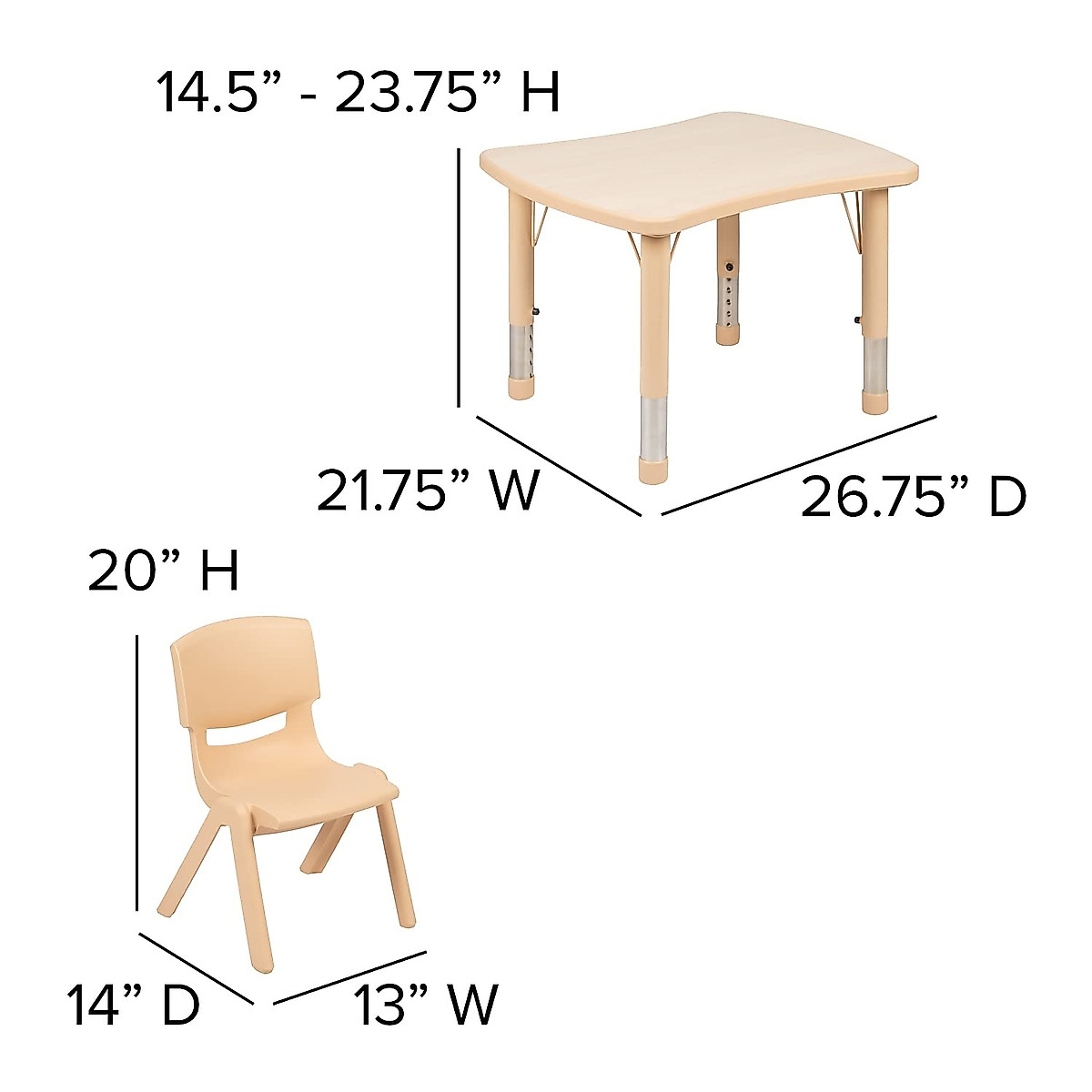 Flash Furniture Emmy 21.875"W x 26.625"L Rectangular Natural Plastic Height Adjustable Activity Table Set with 2 Chairs