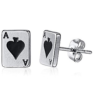 Stainless Steel Ace Spade Gambling Casino Biker Cockail Party Stud Earrings (Silver)