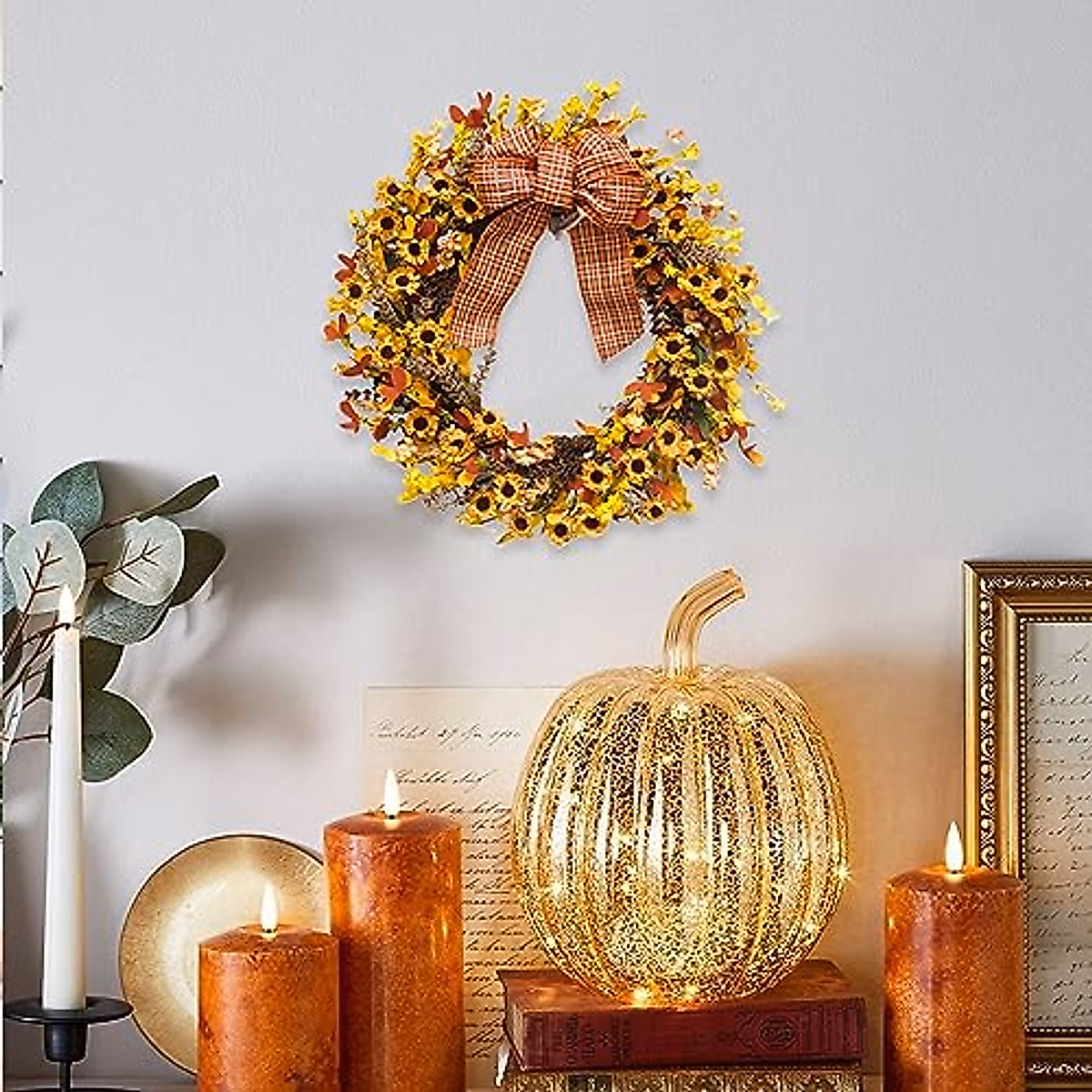 Bibelot 20 Inch Fall Wreath Yellow with Green Leaves Wreath Yellow Daisy Artificial Grains Yellow Flower Wreath for Front Door Wreath,Farmhouse Decor Indoor&Outdoor Wedding Wall Home Decor