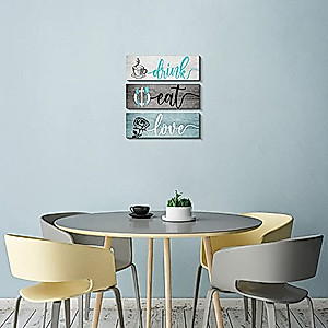 Creoate Teal Kitchen Wall Decor Art, Set of 3- Eat Drink and Love Wood Plaque, Dinning Room Wall Art Rustic Farmhouse Decor, Turquoise, Gift for Home