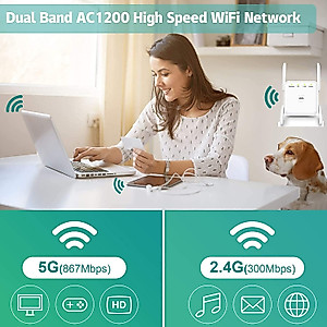WiFi Repeater - 1200Mbps WiFi Range Extender Wireless Signal Repeater Booster, Dual Band 2.4G and 5G Expander, 4 Antennas 360° Full Coverage, Extend WiFi Signal to Smart Home Devices（AK1206 White）