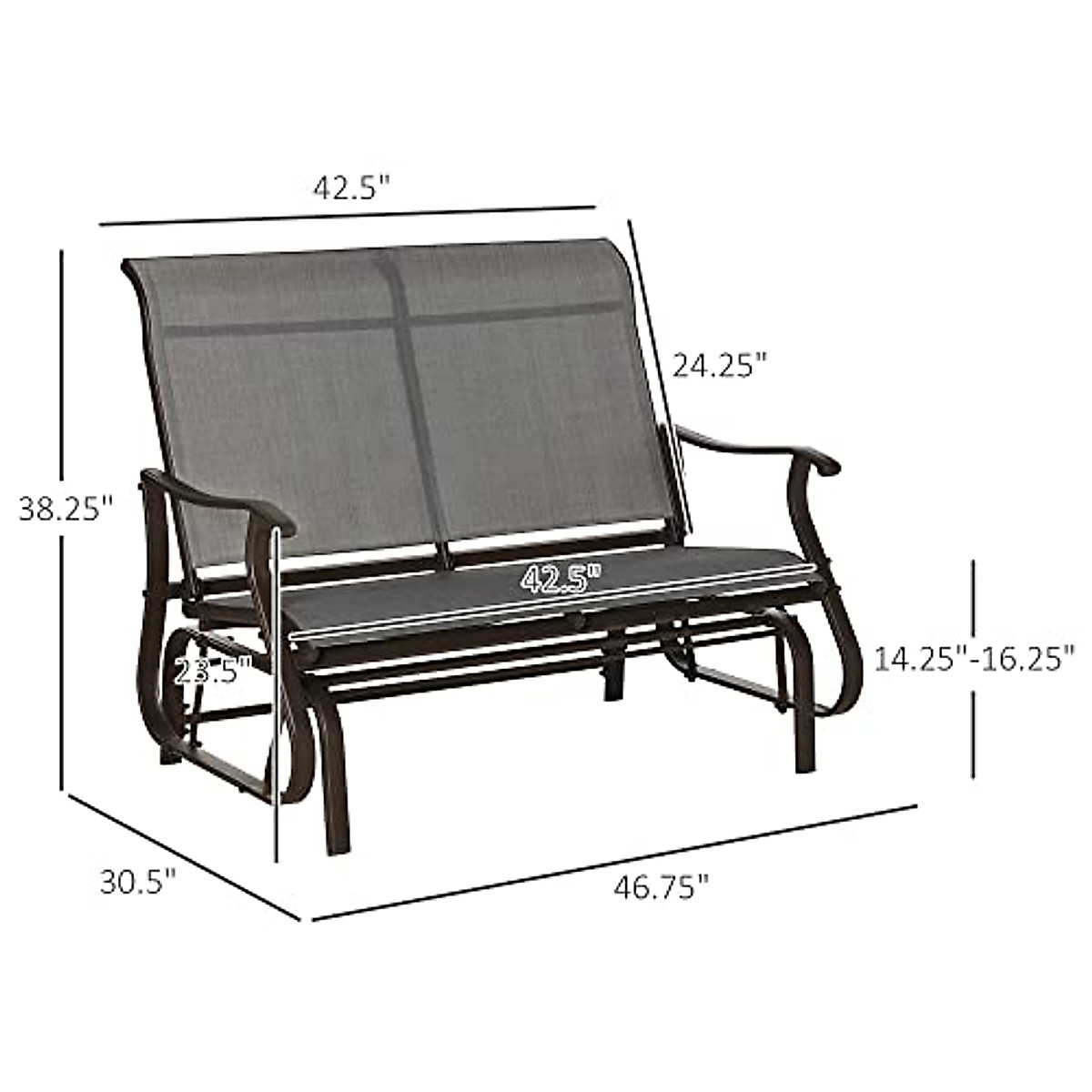 Outsunny 2-Person Outdoor Glider Bench，Patio Glider Loveseat Chair with Powder Coated Steel Frame，2 Seats Porch Rocking Glider for Backyard, Lawn, Garden and Porch, Mixed Grey
