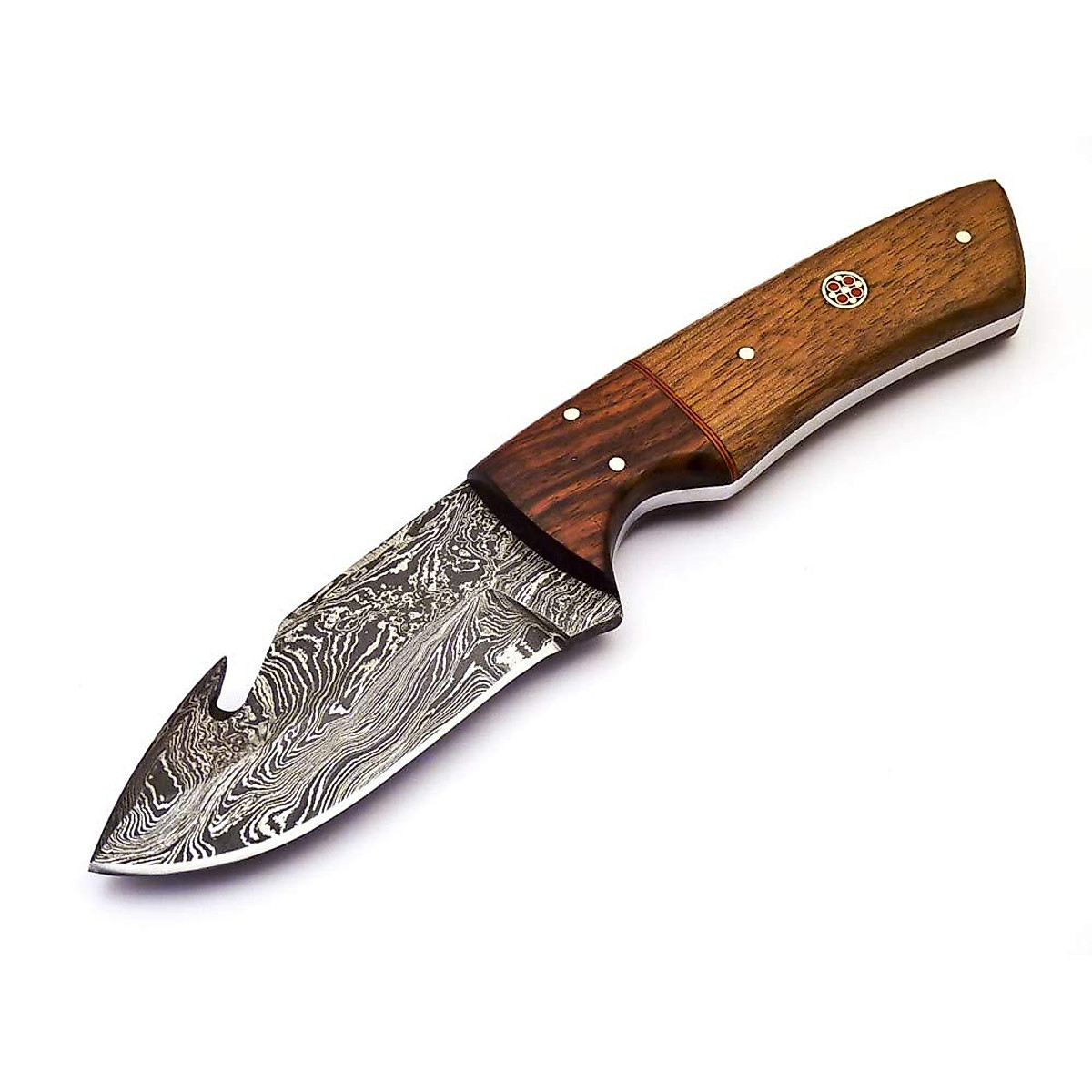 Rare Custom Damascus Fuller Gut Hook Knife Skinning Knife Hunting Knife |Outdoor Knife Camping Knife | Color Wood Handle with Free Genuine Leather Sheath (S-76)
