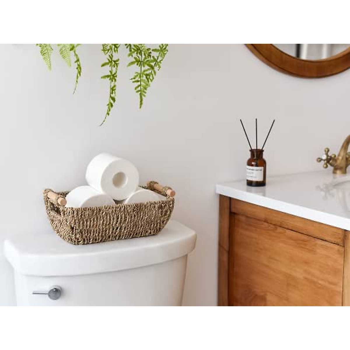 StorageWorks Small Wicker Baskets, Handwoven Baskets for Storage, Seagrass Rattan Baskets with Wooden Handles, 2-Pack