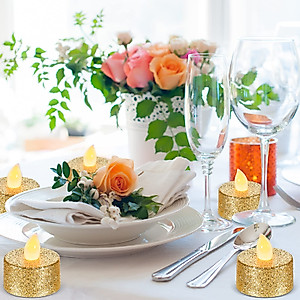 Mudder 24 Pieces Gold Tea Lights LED Candles Tealights Flameless Votive Battery Operated Tea Lights Electric Glitter Flickering Tealight for Valentines Holiday, Wedding, Festival Gift, Party Decor