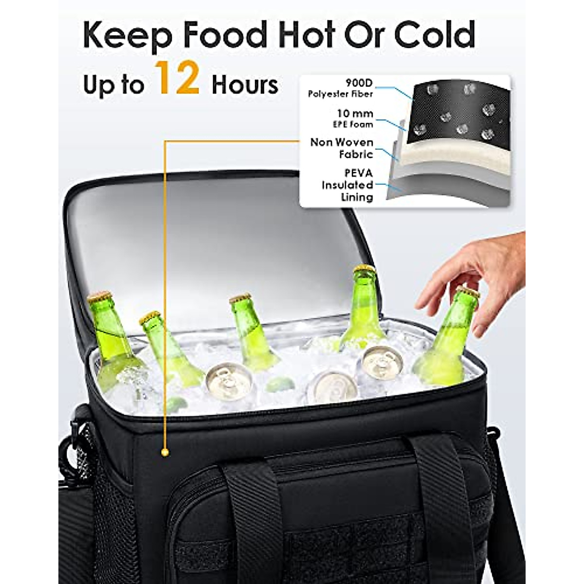 TACTICISM Double Deck Lunch Box for Men 38 Cans Tactical MOllE Lunch Bag, Up to 12 Hours Insulated lunchbox, Large Soft Leakproof Lunch Cooler Adult, for Work Camping Fishing Hiking, Black