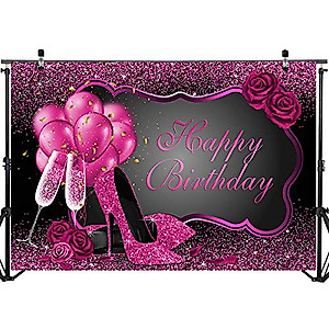 Mocsicka Pink Glitter Women's Birthday Backdrop Pink Champagne Balloons Roses Birthday Party Decorations Photography Background Sweet Girl's Birthday Photo Backdrops (7'x5')