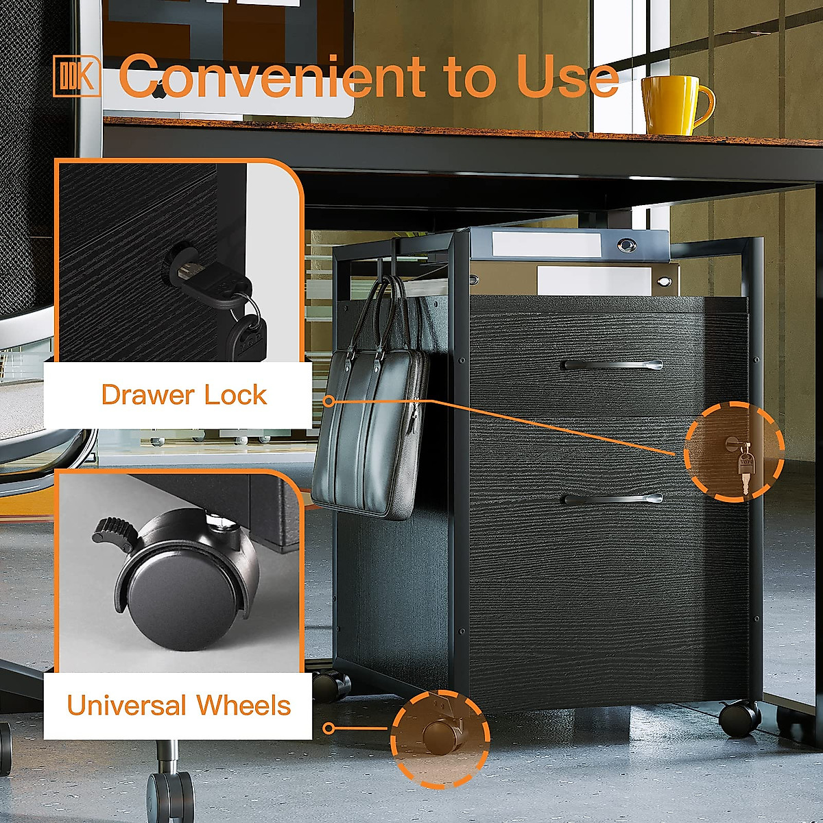 ODK File Cabinet with 2 Drawers, Mobile Office Cabinet with Lock on Wheels, Rolling Office Printer Stand Filing Cabinet for A4, Letter Sized Document with Iron Hook, Black