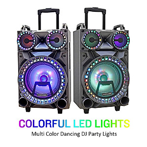 Starqueen Karaoke Machine Portable Karaoke Speaker for Adults and Kids 12” Woofer Rechargeable PA System with 2 Wireless Micorphone/Remote/Wheels/DJ Lights, Karaoke Party Amplifier Sound System